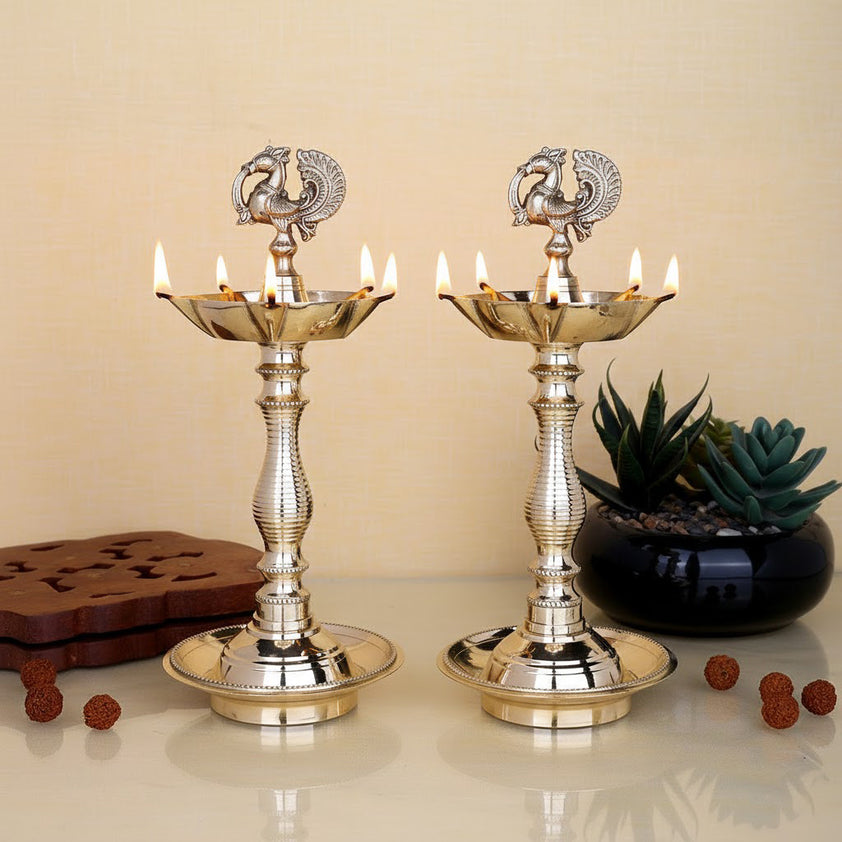 Buy 9.2 Inch Pure Brass Peacock Kerala Diya | Satvikstore.in ...