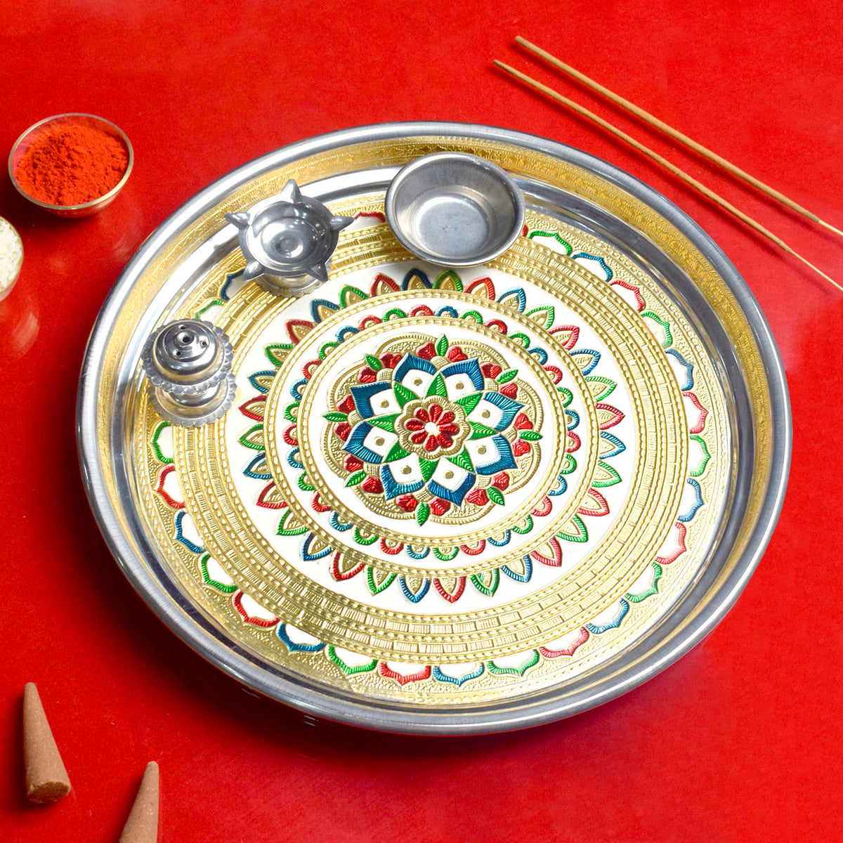 Buy Our Elegant Steel Printed Pooja Aarti Thali Set | Satvikstore.in ...