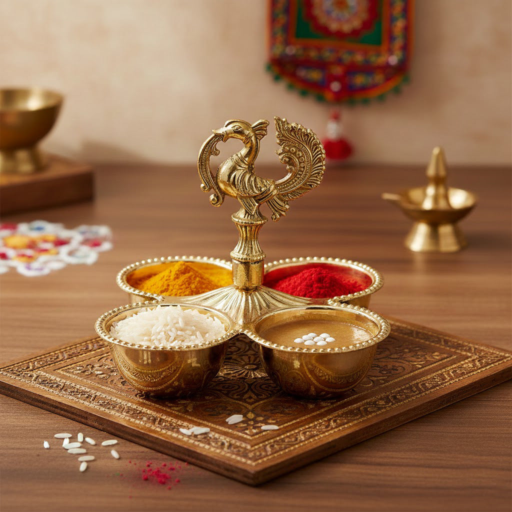 Buy Online | Designer Brass Chaumukh with Peacock | satvikstore.in