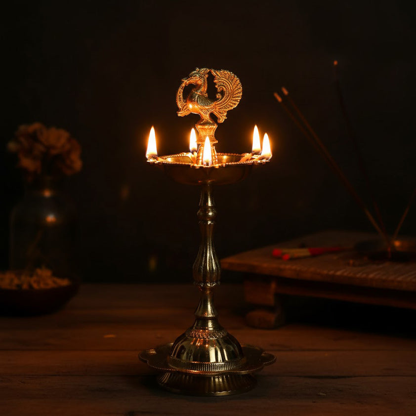 Buy 6 Inch Pure Brass Peacock Kerala Diya | Satvikstore.in – satvikstore.in